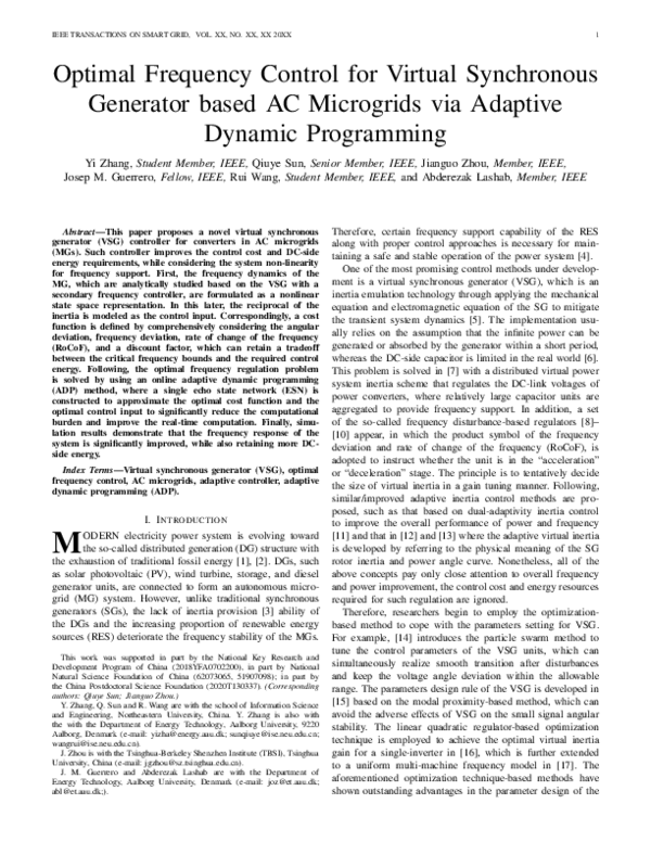 (PDF) Optimal Frequency Control for Virtual Synchronous Generator based AC Microgrids via ...