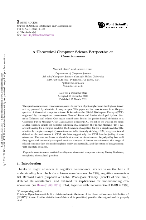 (PDF) A Theoretical Computer Science Perspective on Consciousness