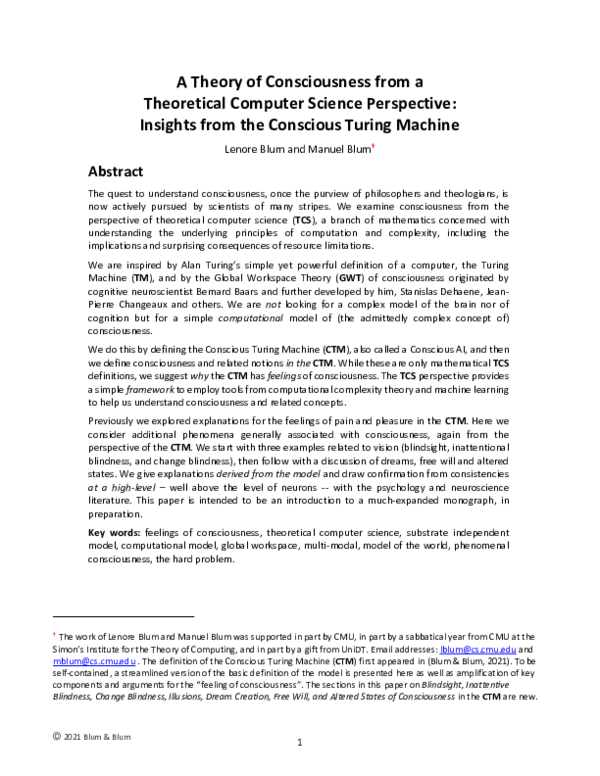 (PDF) A theory of consciousness from a theoretical computer science perspective: Insights from ...