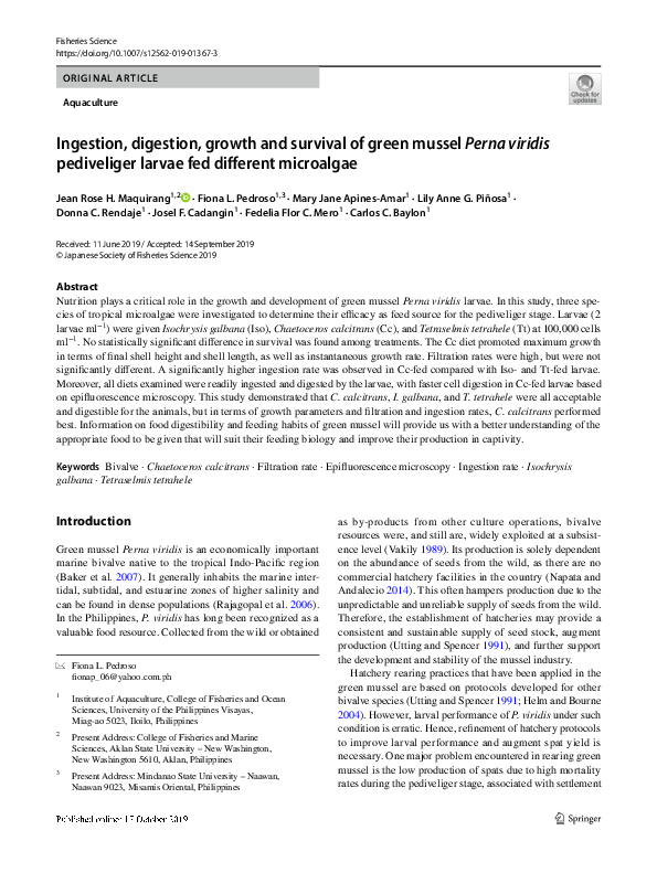 (PDF) Ingestion, digestion, growth and survival of green mussel Perna viridis pediveliger larvae ...
