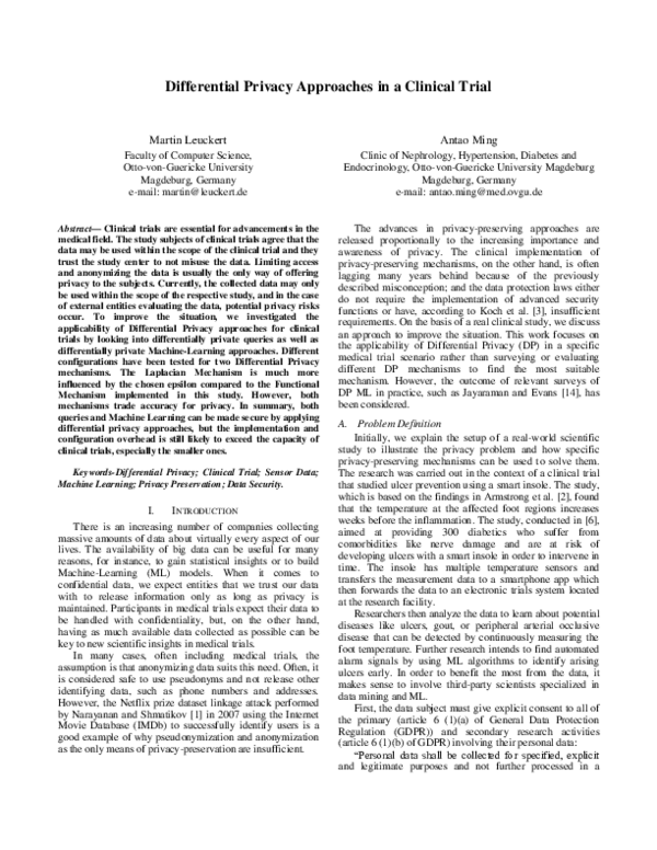(PDF) Differential Privacy Approaches in a Clinical Trial