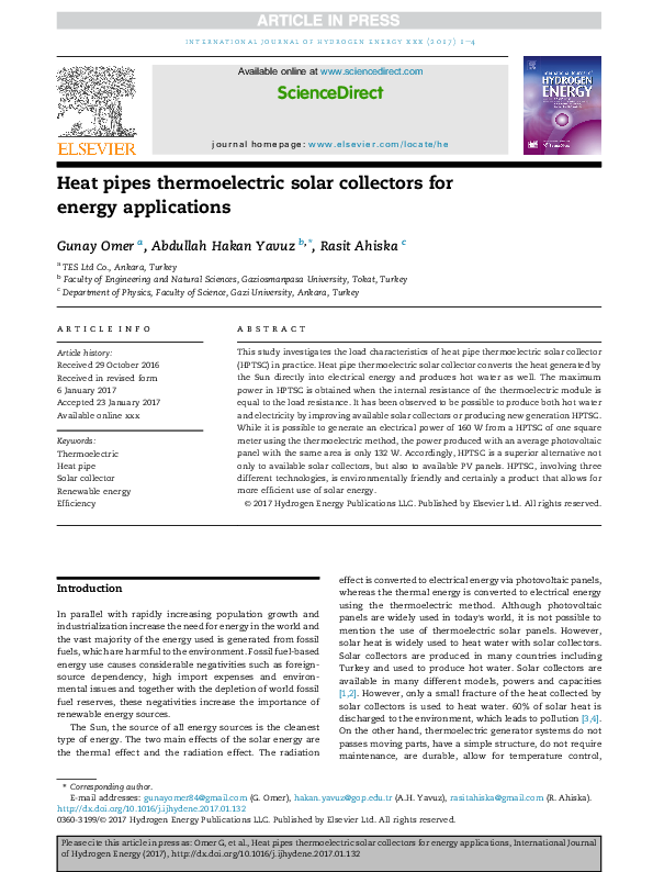 (PDF) Heat pipes thermoelectric solar collectors for energy applications