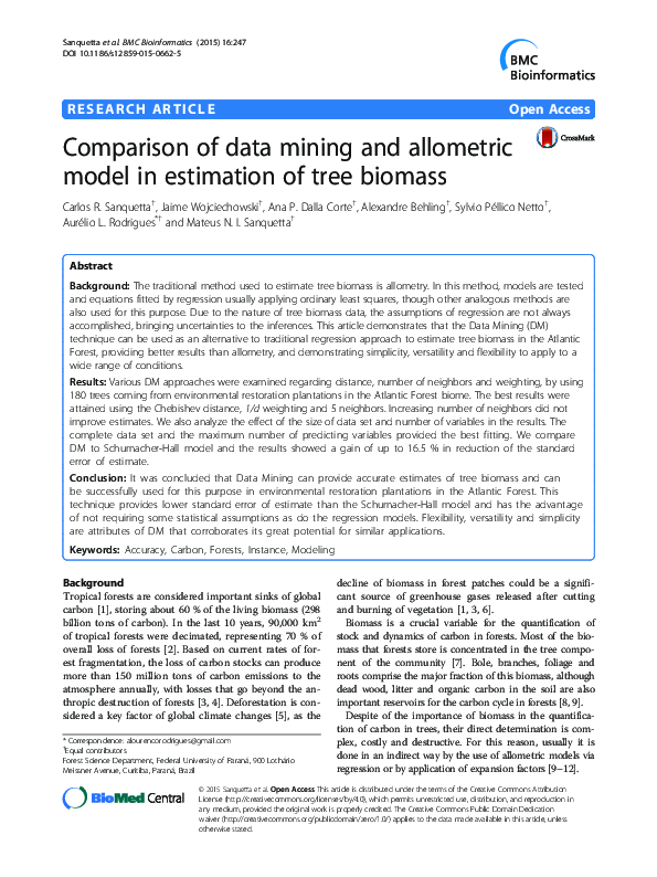 Pdf Comparison Of Data Mining And Allometric Model In Estimation Of Tree Biomass