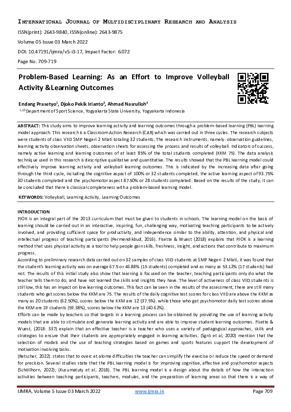 Pdf Problem Based Learning As An Effort To Improve Volleyball Activity And Learning Outcomes 