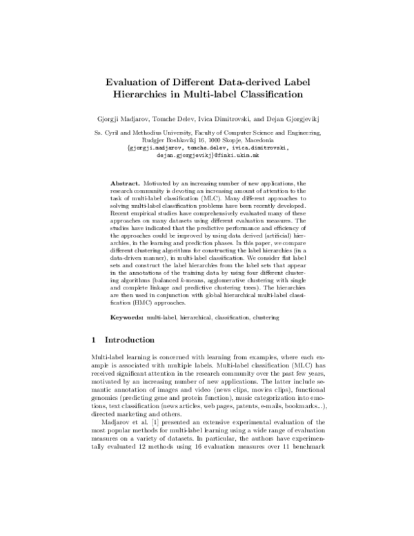 Pdf Evaluation Of Different Data Derived Label Hierarchies In Multi Label Classification