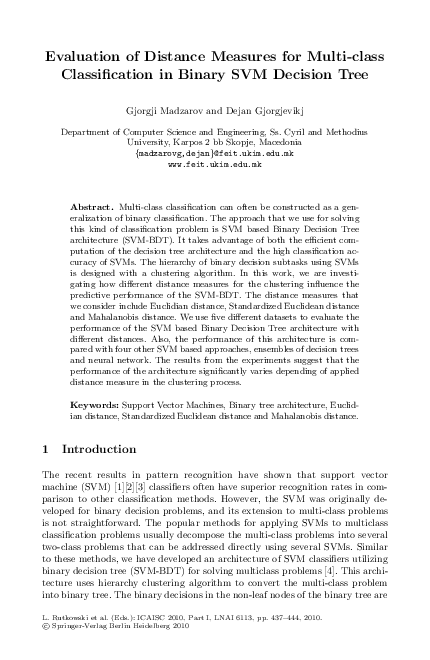 Pdf Evaluation Of Distance Measures For Multi Class Classification In Binary Svm Decision Tree