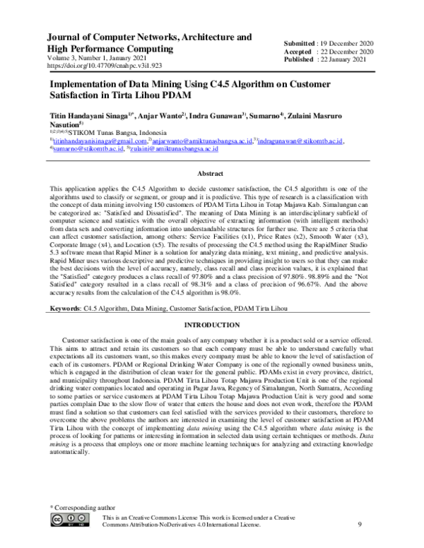 Pdf Implementation Of Data Mining Using C4 5 Algorithm On Customer Satisfaction In Tirta Lihou