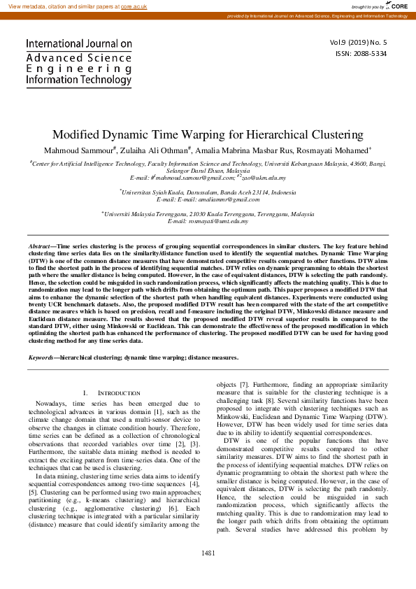 Pdf Modified Dynamic Time Warping For Hierarchical Clustering