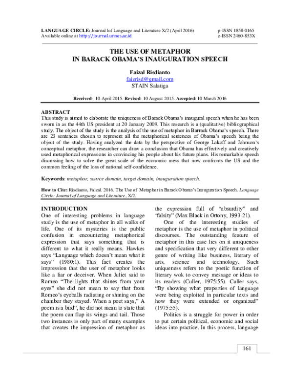 (PDF) The Use of Metaphor in Barack Obama’s Inauguration Speech