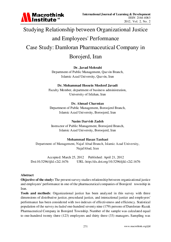 (PDF) Studying Relationship between Organizational Justice and Employees' Performance Case study ...
