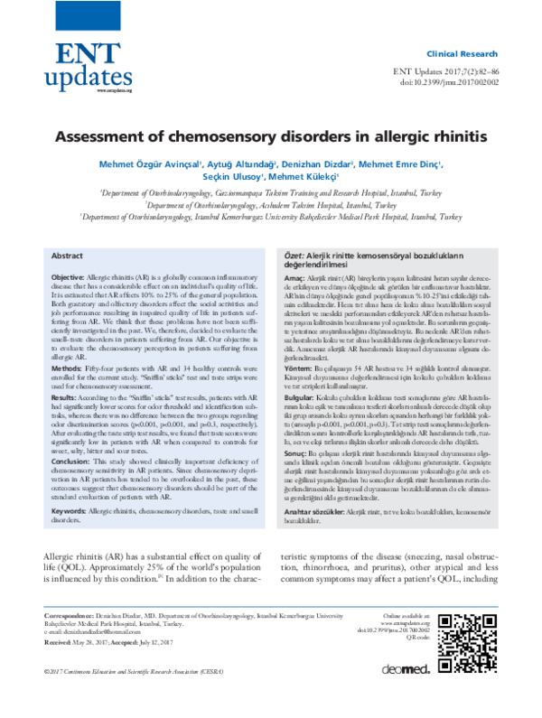 (PDF) Assessment of chemosensory disorders in allergic rhinitis ...