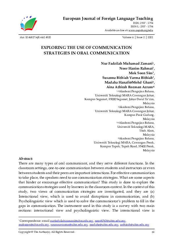 (PDF) Exploring the Use of Communication Strategies in Oral Communication