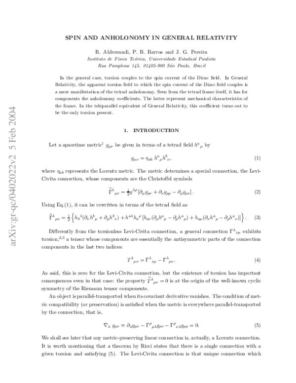 (PDF) Spin and Anholonomy in General Relativity