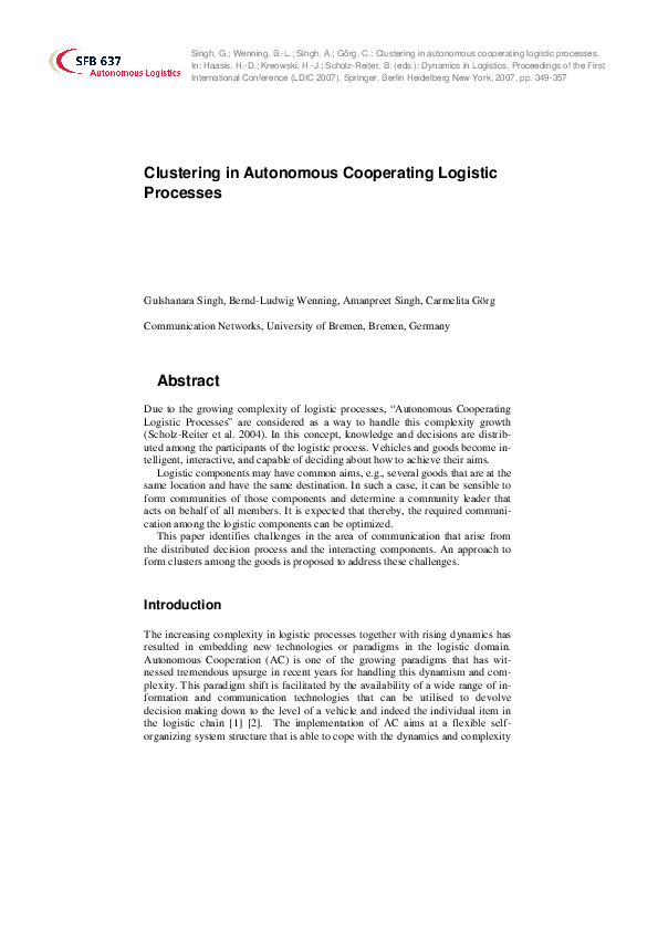 Pdf Clustering In Autonomous Cooperating Logistic Processes Amanpreet Singh
