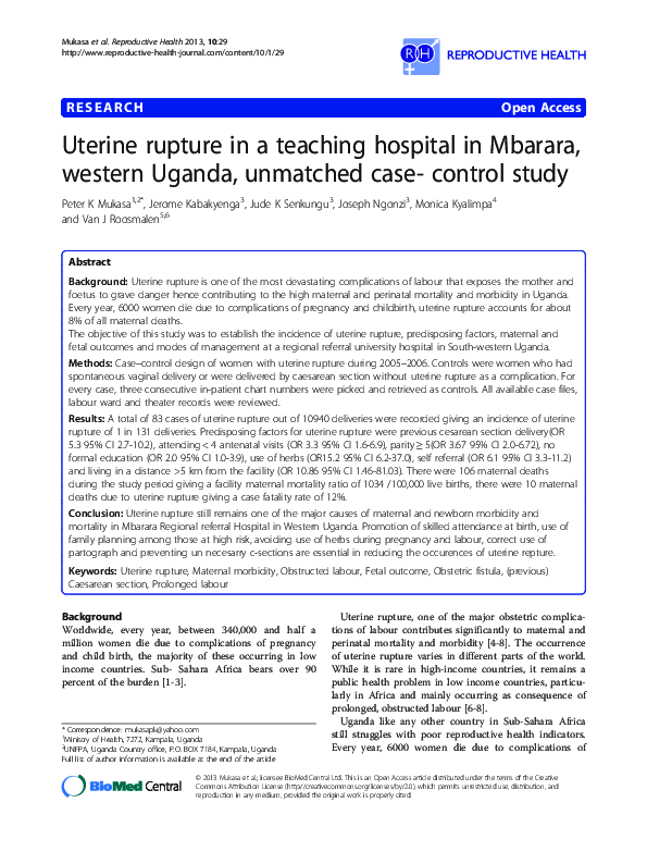 (PDF) Uterine rupture in a teaching hospital in Mbarara, western Uganda ...
