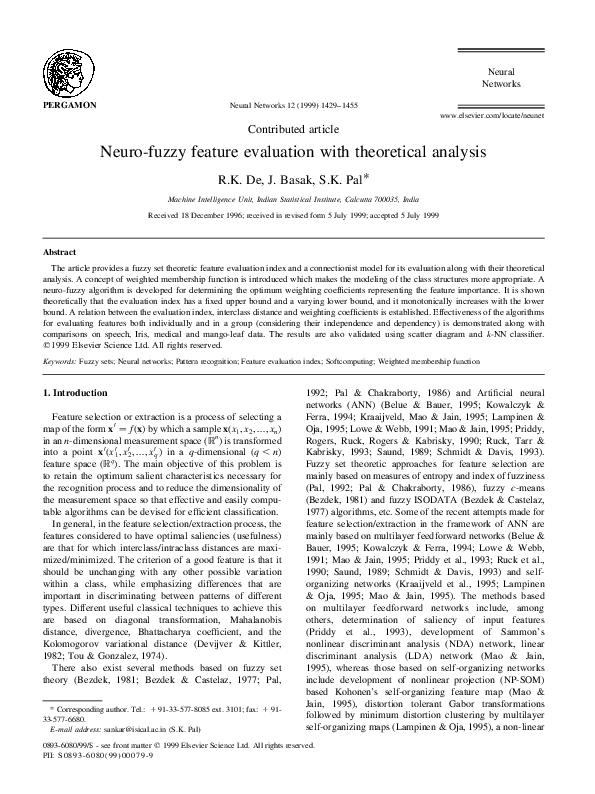 Pdf Neuro Fuzzy Feature Evaluation With Theoretical Analysis Sankar Pal