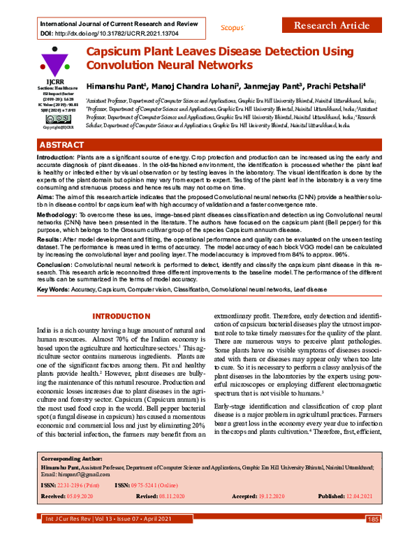 Pdf Capsicum Plant Leaves Disease Detection Using Convolution Neural Networks