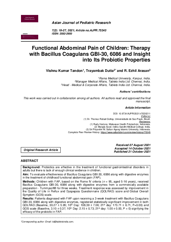 Functional Abdominal Pain of Children: Therapy with Bacillus Coagulans ...