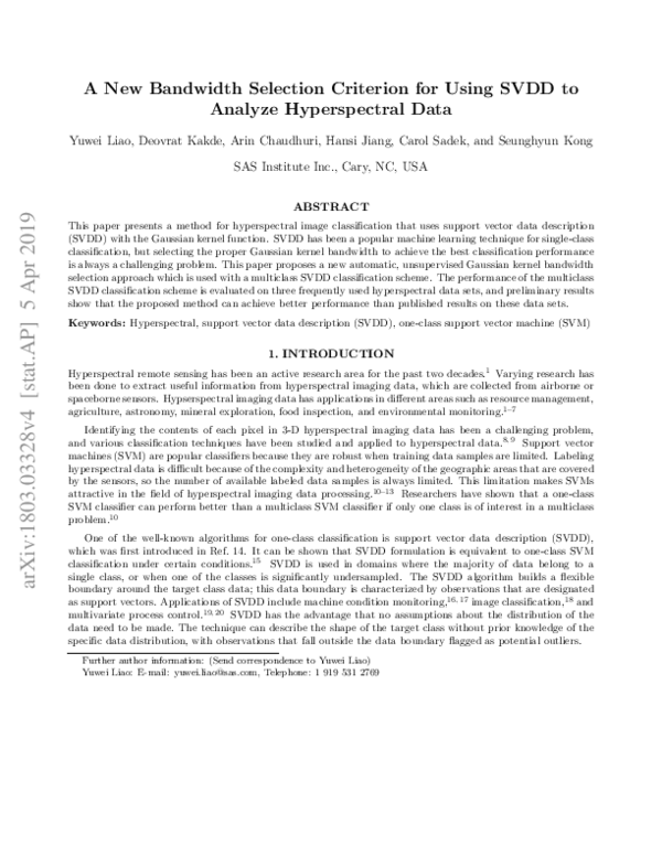 (PDF) A new bandwidth selection criterion for using SVDD to analyze hyperspectral data