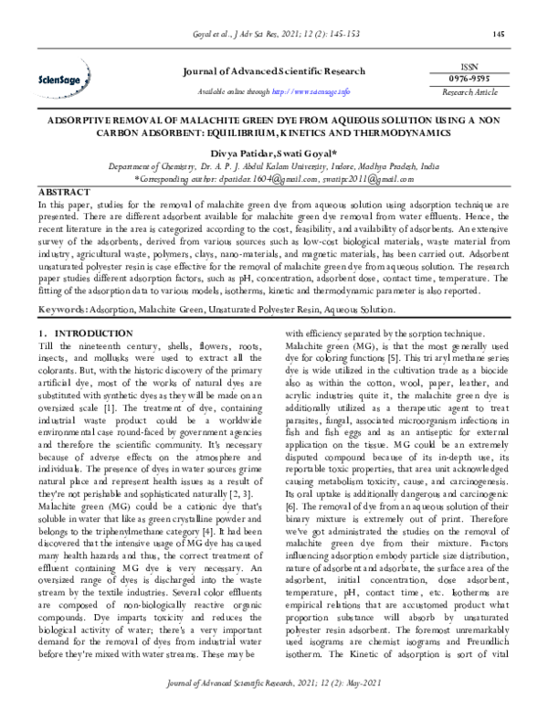 (PDF) Adsorptive Removal of Malachite Green Dye from Aqueous Solution Using a Non Carbon ...