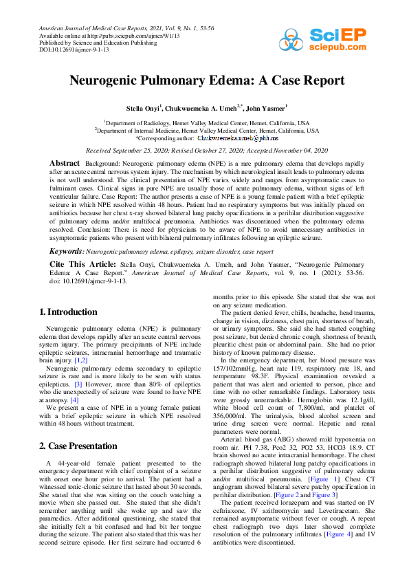 (PDF) Neurogenic Pulmonary Edema: A Case Report