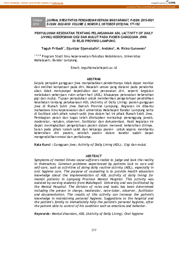 (PDF) Penyuluhan Kesehatan Tentang Pelaksanaan Adl (Activity of Daily Living) Kebersihan Gigi ...