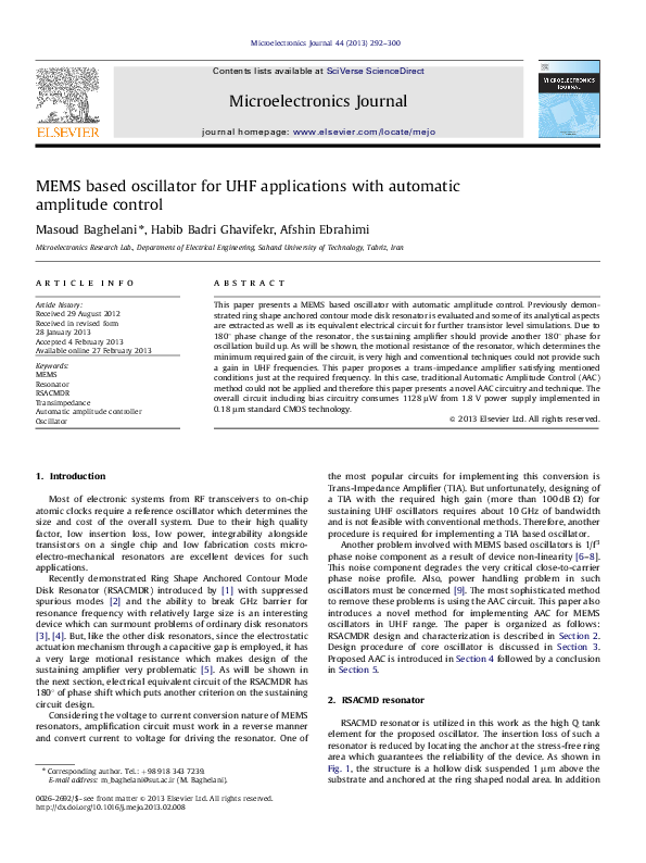 (PDF) MEMS based oscillator for UHF applications with automatic amplitude control