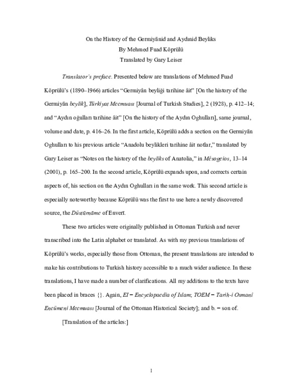 (DOC) On the History of the Germiyānid and Aydınid Beyliks