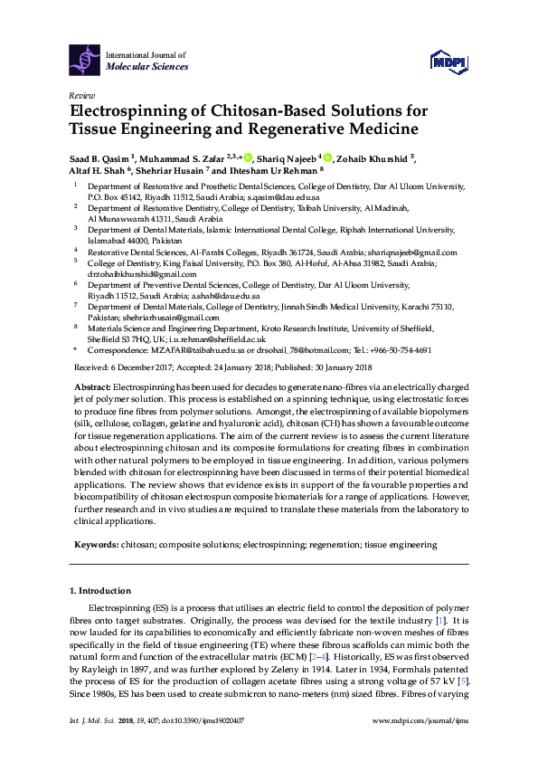 (PDF) Electrospinning of Chitosan-Based Solutions for Tissue Engineering and Regenerative Medicine