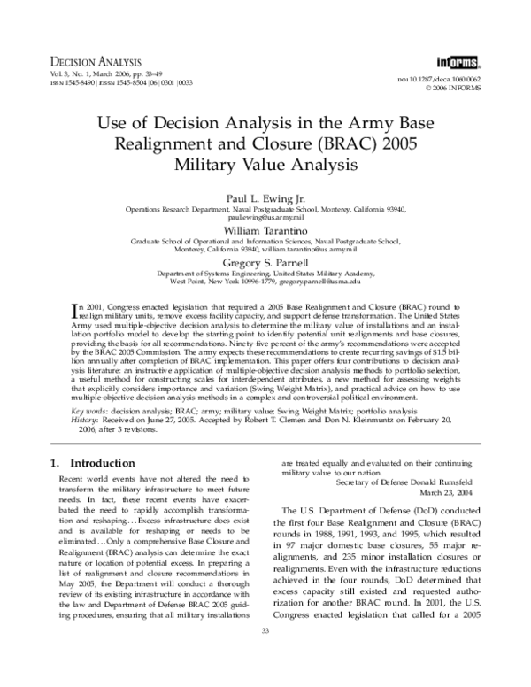(PDF) Use of Decision Analysis in the Army Base Realignment and Closure ...