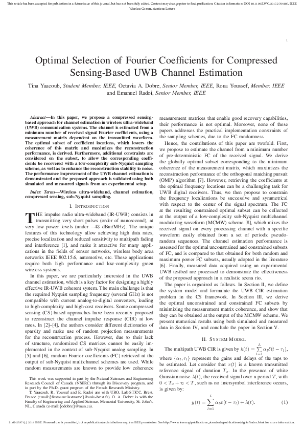 (PDF) Optimal Selection of Fourier Coefficients for Compressed Sensing-Based UWB Channel Estimation