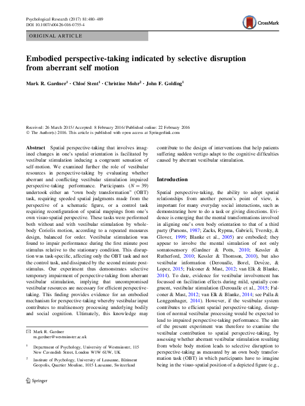 (PDF) Embodied perspective-taking indicated by selective disruption from aberrant self motion
