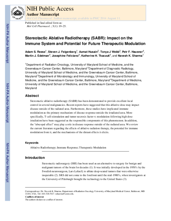 (PDF) Stereotactic Ablative Radiotherapy (SABR): Impact on the Immune System and Potential for ...