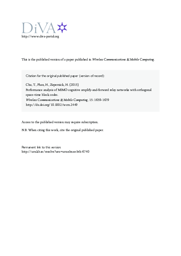 Pdf Performance Analysis Of Mimo Cognitive Amplify And Forward Relay Networks With Orthogonal