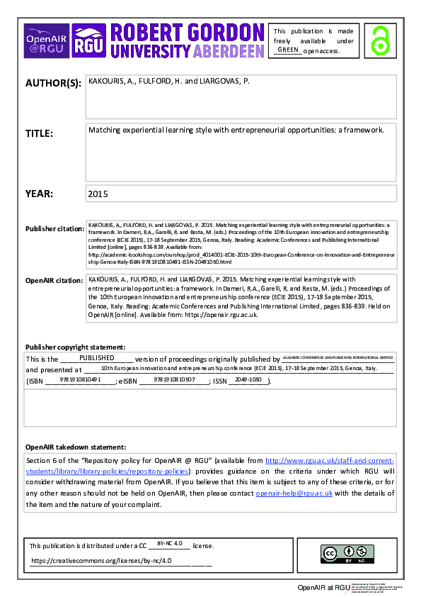 Pdf Matching Experiential Learning Style With Entrepreneurial Opportunities A Framework