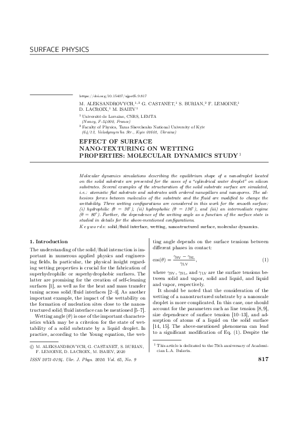 (PDF) Effect of Surface Nano-Texturing on Wetting Properties: Molecular Dynamics Study | Sergii ...
