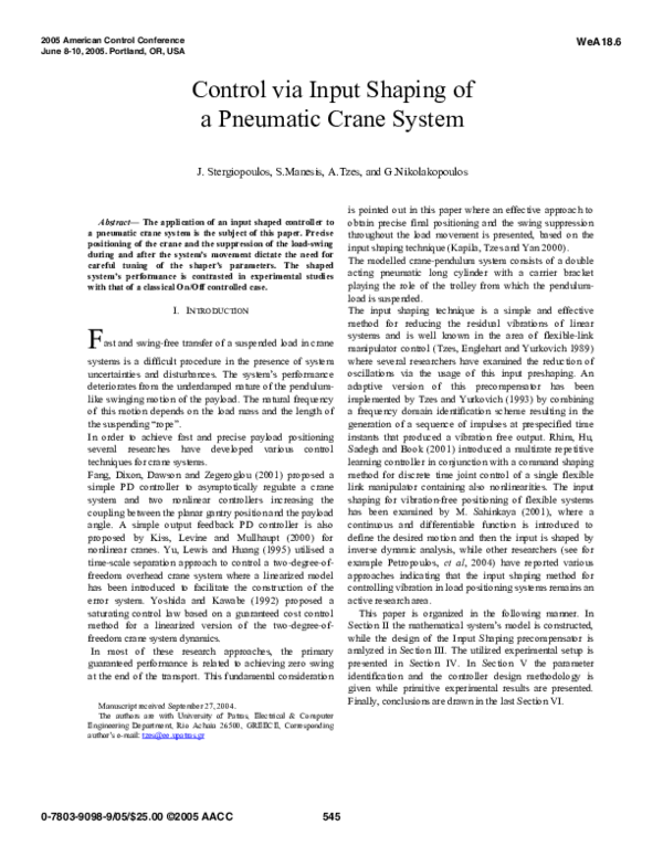 Pdf Control Via Input Shaping Of A Pneumatic Crane System
