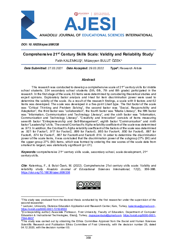 (PDF) Comprehensive 21st Century Skills Scale: Validity and Reliability Study