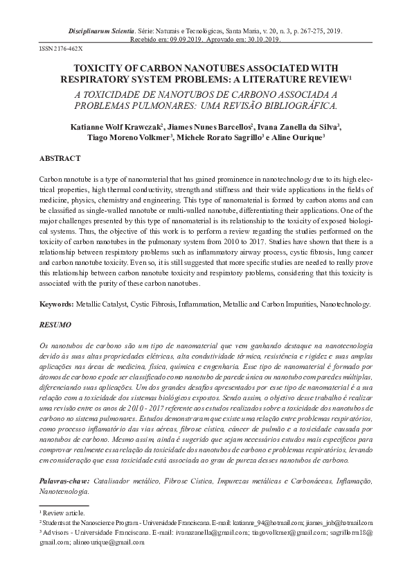 (PDF) Toxicity of carbon nanotubes associated with respiratory system problems: a literature review