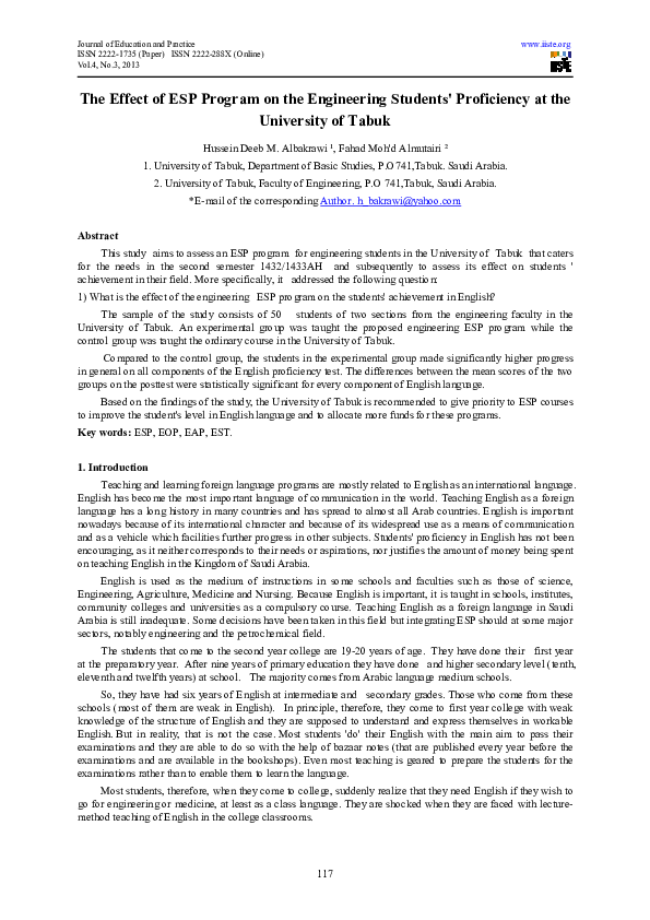 (PDF) The Effect of ESP Program on the Engineering Students ...