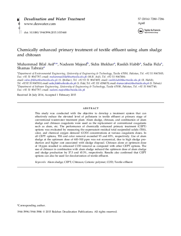 (PDF) Chemically enhanced primary treatment of textile effluent using ...