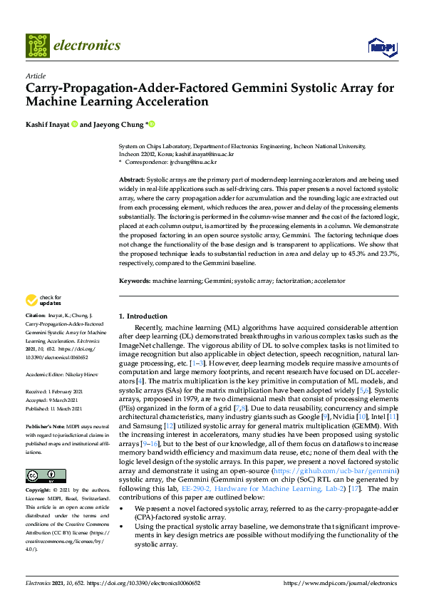 Carry Propagation Adder Factored Gemmini Systolic Array For Machine Learning Acceleration