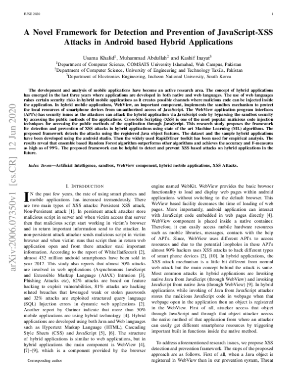 Pdf A Novel Framework For Detection And Prevention Of Javascript Xss Attacks In Android Based