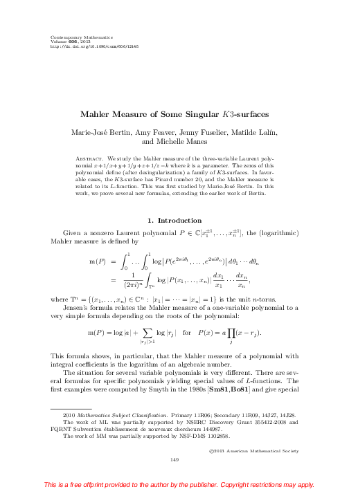 (PDF) Mahler Measure of Some Singular 𝐾3-surfaces | Matilde Lalin ...