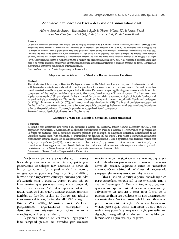 (PDF) Adaptação e validação da Escala de Senso de Humor Situacional