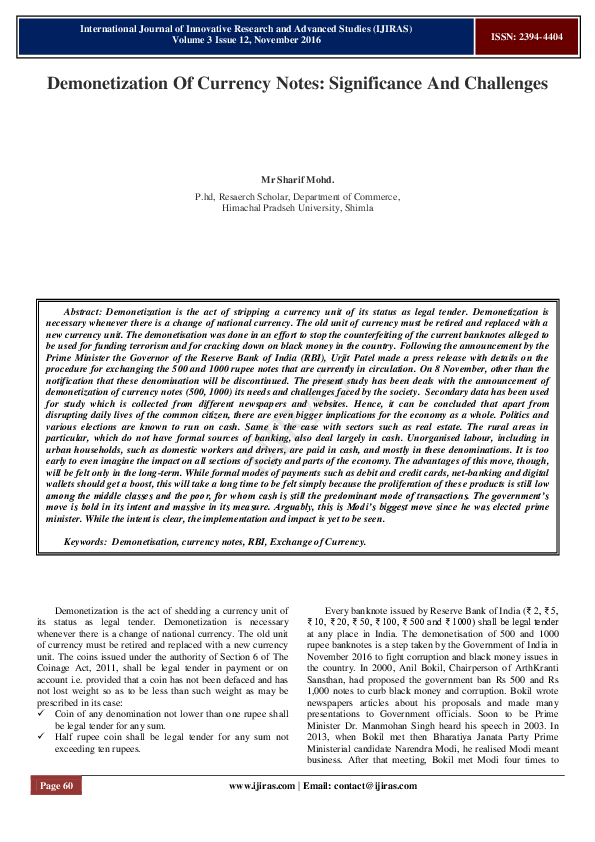(PDF) Demonetization Of Currency Notes: Significance And Challenges