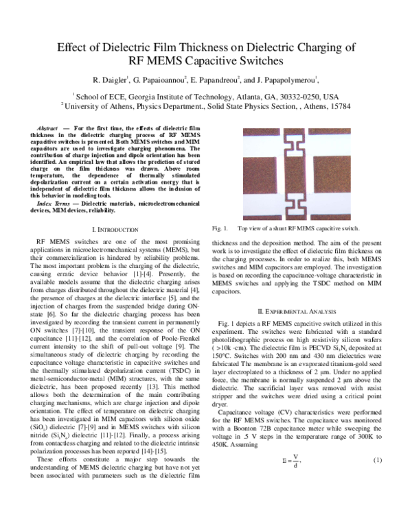 Pdf Effect Of Dielectric Film Thickness On Dielectric Charging Of Rf Mems Capacitive Switches