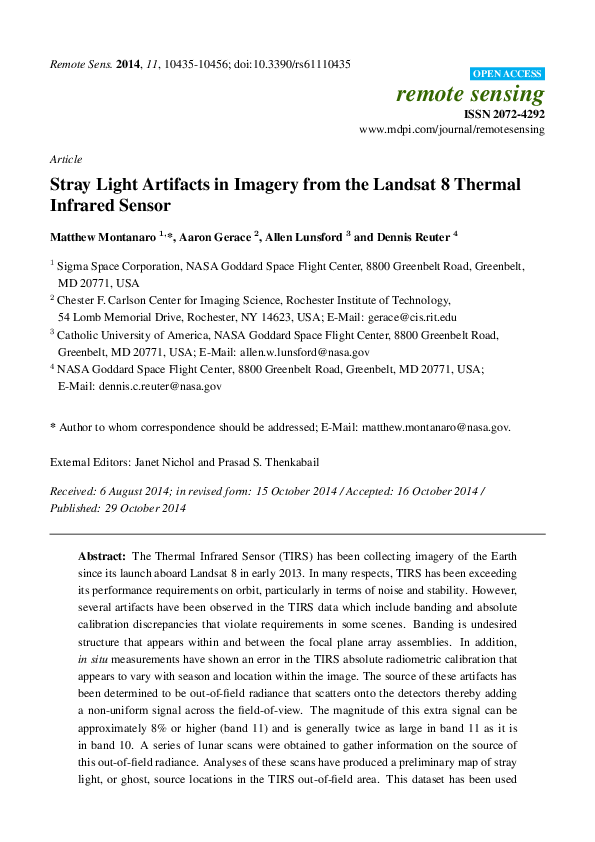 (PDF) Article Stray Light Artifacts in Imagery from the Landsat 8 ...