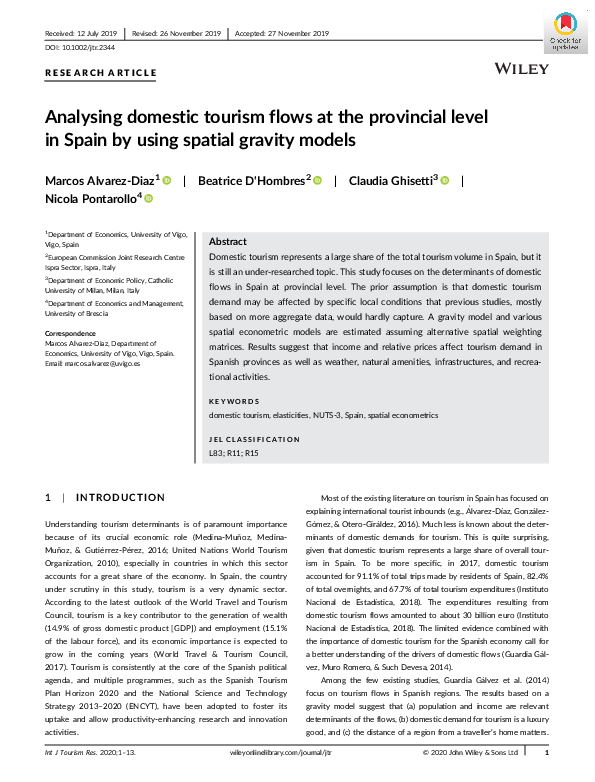 (PDF) Analysing domestic tourism flows at the provincial level in Spain by using spatial gravity ...