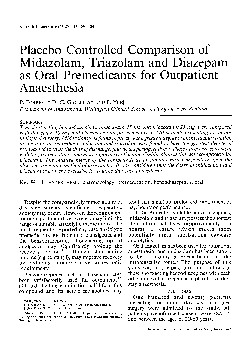 (PDF) Placebo Controlled Comparison of Midazolam, Triazolam and ...